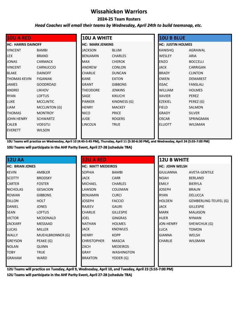 2024-25 WSC Youth Hockey Team Rosters – WSC
